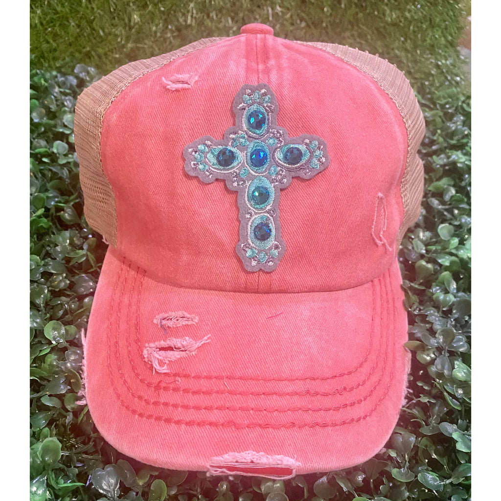 Blessed and Bling Coral Criss Cross Ponytail Cap – Rhinestone Gal