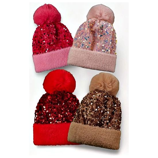 Girl's Sequin Beanie with Pom Pom – Rhinestone Gal